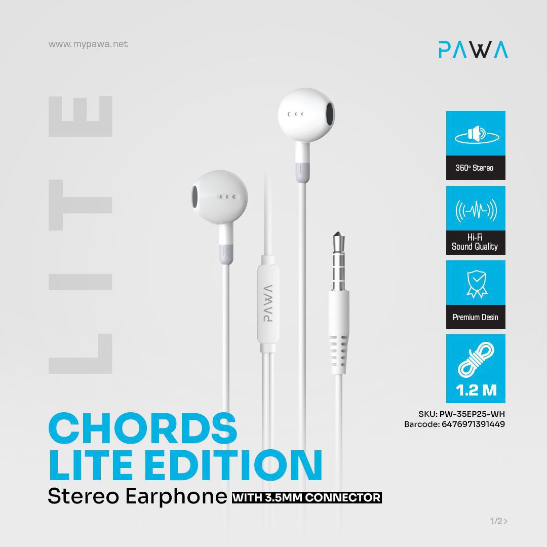 PAWA Lite Series Chords Earphone With 3.5MM Connector [O] - سماعة اذن